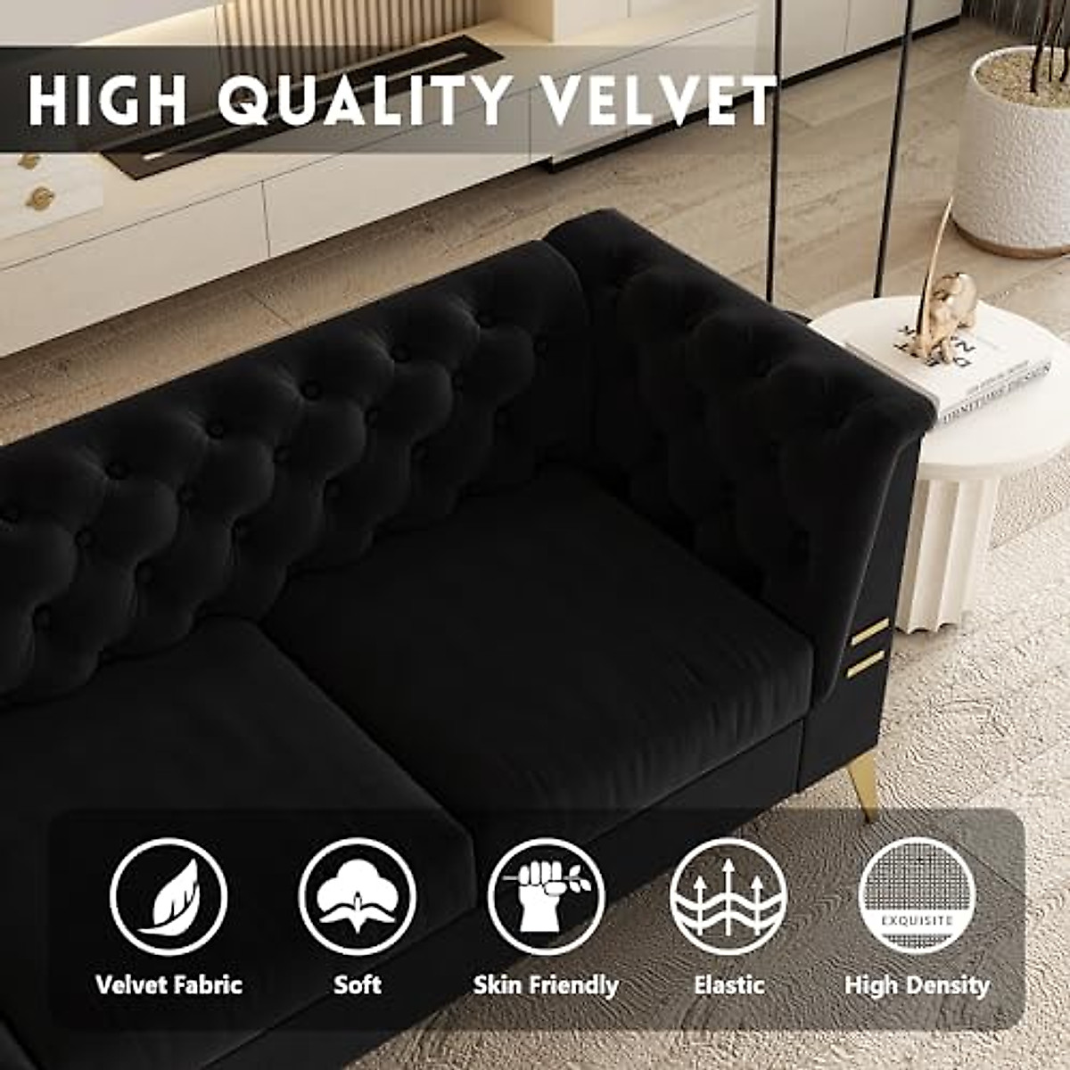 LaiBiKe Mid Century Velvet Couches 83" 2 Seater Living Room Sofa Comfortable Black Couch Solid Wood Frame Metal Legs for Guest Room Playroom Bedroom(03-Black-83)