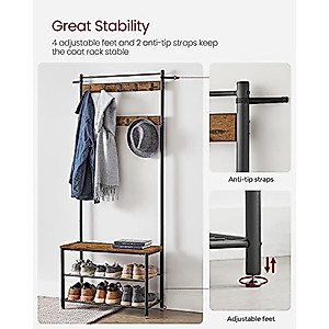 VASAGLE Coat Rack, Hall Tree with Shoe Storage Bench, Entryway Bench with Shoe Storage, 3-in-1, Steel Frame, for Entryway, 12.6 x 27.6 x 69.8 Inches, Industrial, Rustic Brown and Black UHSR41BX
