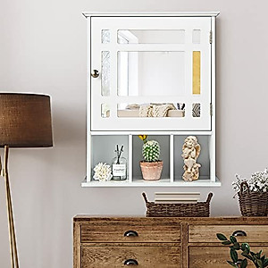 Tangkula Wall-Mounted Bathroom Cabinet, 2-in-1 Storage Organizer with Mirror Door, Wall-Mounted Medicine Cabinet with Adjustable Shelf & 3 Open Compartments for Bathroom, Living Room, Entryway