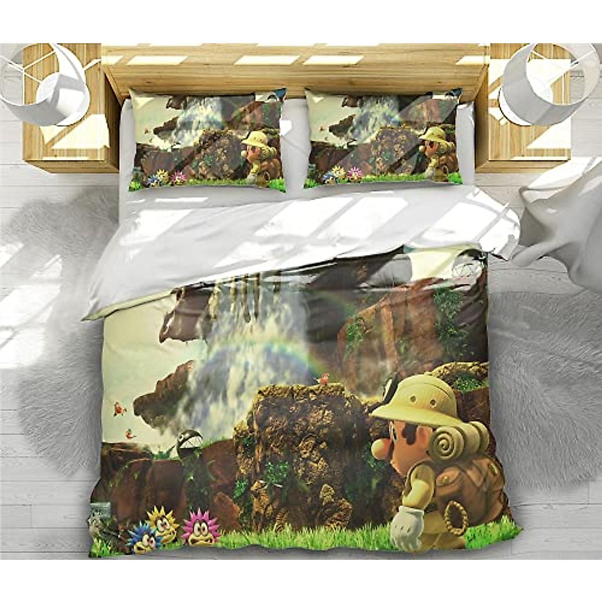 NICHIYOBI Redcap Beard Plumber Bros Game Movie Duvet Cover Set 3D Bedding Comforter Cover 3 Pcs (1 Duvet Cover+2 Pillowcases) Bedding Set (02,Full-80x90in+20x30in*2)