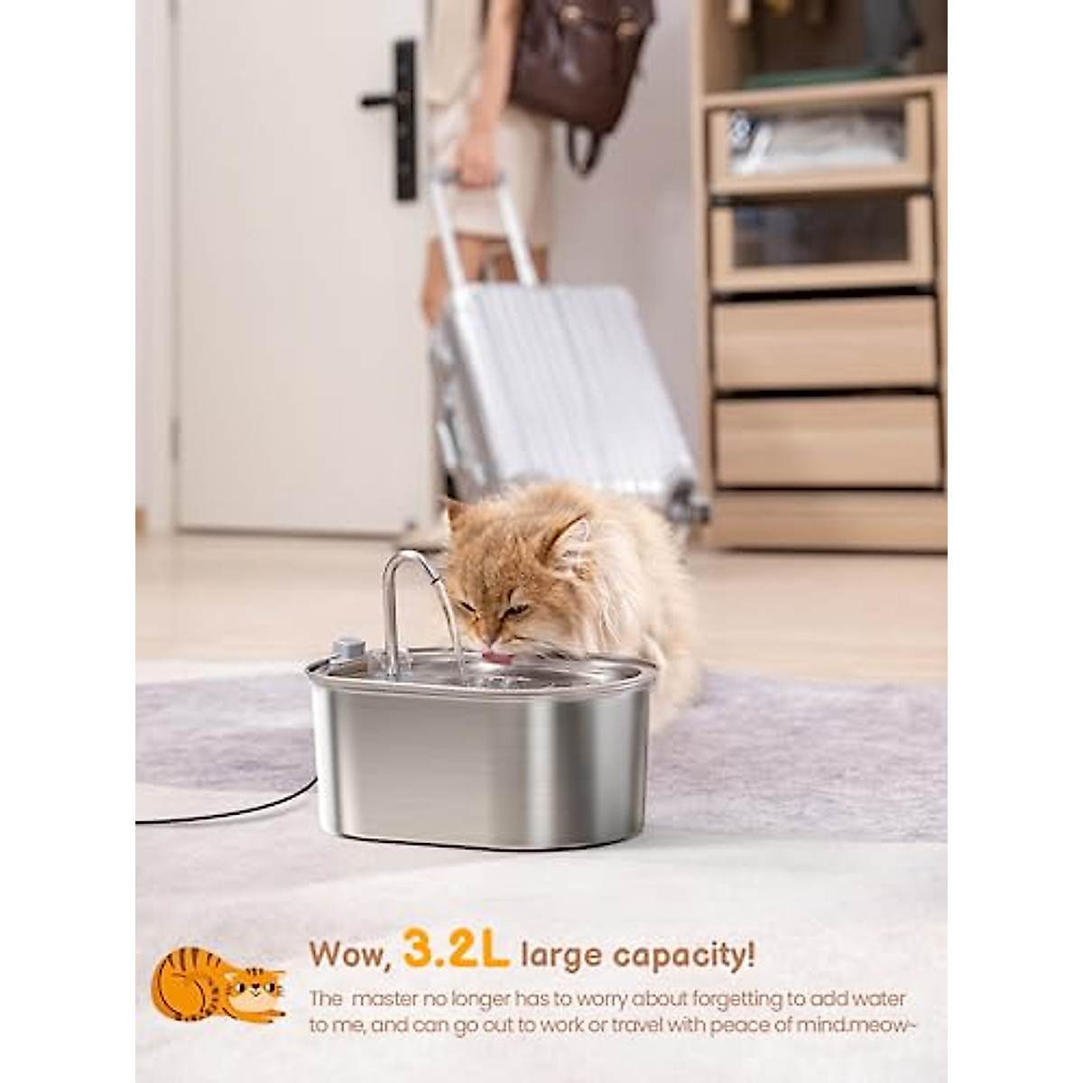 SOOFPET Cat Water Fountain Stainless Steel, 3,2L/108oz Pet Water Fountain, Automatic Cat Fountain with Quiet Pump, Dishwasher Safe Design, Suitable for Multiple Pets
