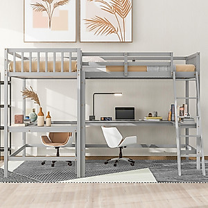CITYLIGHT L-Shaped Loft Bed with 2 Built-in L-Shaped Desks,Wood Twin Size Loft Bed with Desk Underneath for Kids,Double Loft Beds with Guardrails and Ladders for Boys Girls Teens,Grey