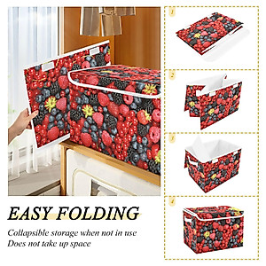 VIGTRO Large Collapsible Storage Bins with Lids Strawberry Berries Fruits, Storage Baskets Organizer Containers with Handles for Home Bedroom Office