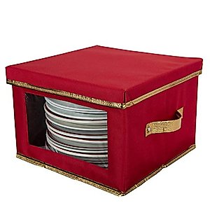 Simplify Holiday Dinner Plate Dinnerware Storage Box | 12.2 Inch | Christmas China | 12 Felt Dividers | Tableware Setting | Red