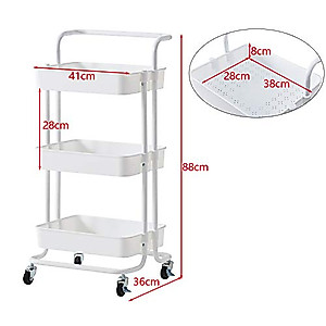 CLIPOP 3-Tier Rolling Utility Cart with Ergonomic Handle & Lockable Mute Wheels, Multifunctional Metal Organizer Storage Trolley Service Cart for Kitchen Living Room Office (White)