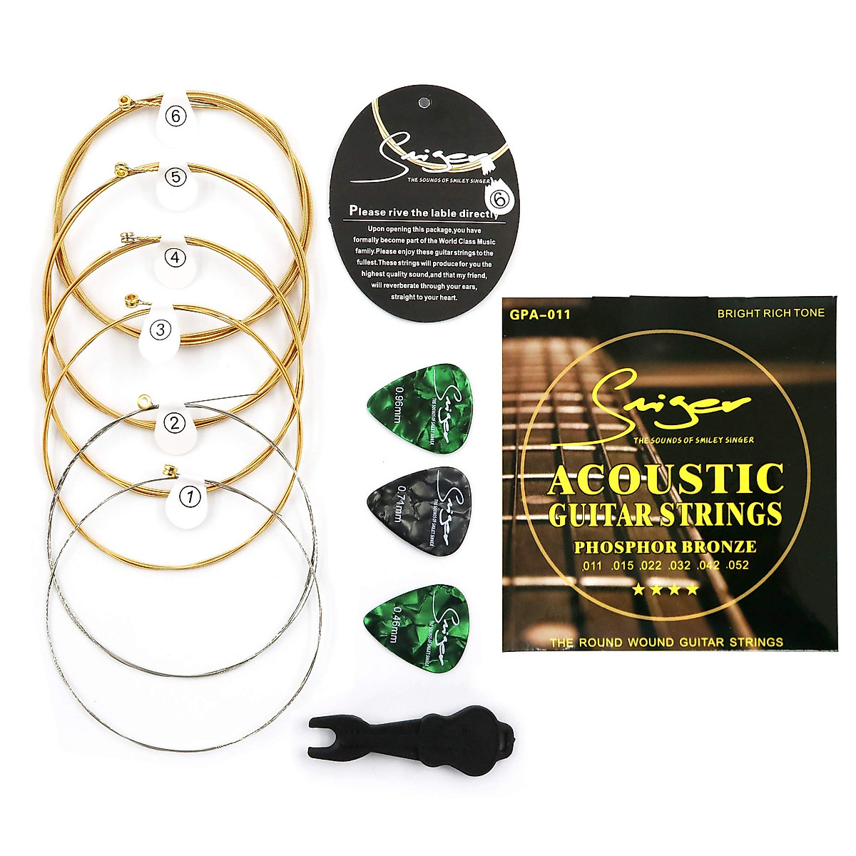 bestwishes Acoustic Guitar Strings,Phosphor Bronze Guitar Strings.011-.052,Guitar Strings Acoustic 6 String Set,3 Guitar Picks And 1 String Changing Tool