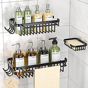 3Pack Shower Caddy, Shower Organizer with Soap Dish, No Drilling Shower Storage Wall Mount Rustproof Bathroom Organizer Shampoo Holder Kitchen Rack Adhesive Shower Shelves for Inside Shower Black