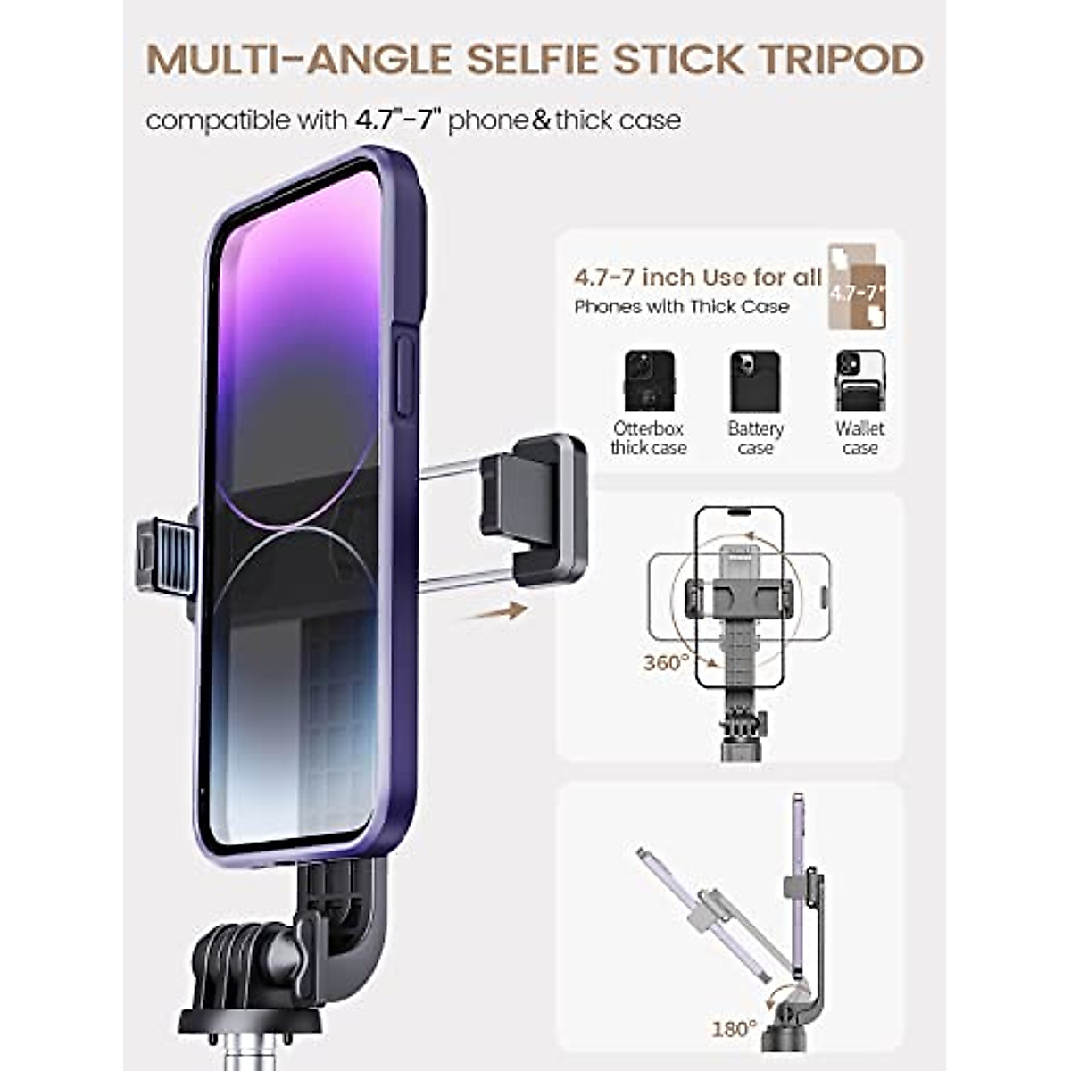 ANXRE Selfie Stick Phone Tripod with Remote, 50 inch Portable 5 in 1 Selfie Stick Phone Tripod, Wireless Selfie Stick Tripod for Cell Phone Compatible with iPhone 15/14/13 Pro Max Gopro Android