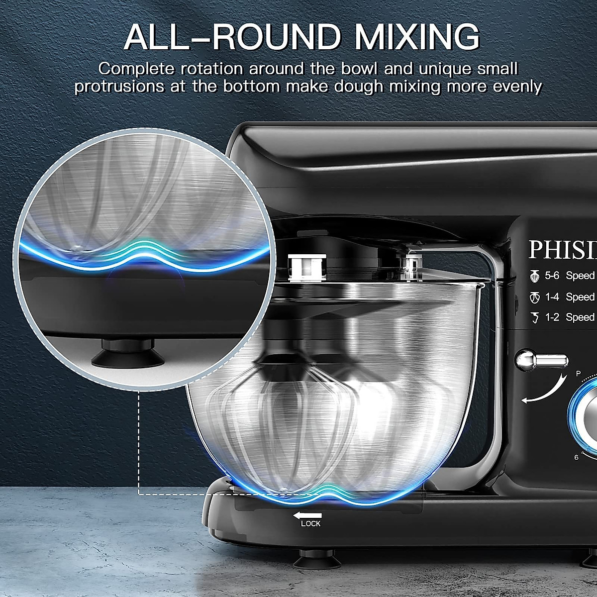 PHISINIC Stand Mixer, 5.8Qt Small Electric Food Mixer, 660W 6-Speed Tilt-Head Household Stand Mixer, Portable Lightweight Kitchen Mixer for Daily Use with Egg Whisk, Dough Hook,and Flat Beater