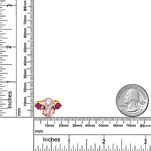 18K Yellow Gold Plated Silver Peach Nano Morganite and Red Created Ruby Ring For Women (11.20 Cttw, 14X10MM Oval and 7X5MM Pear Shape, Gemstone October Birthstone, Available In Size 5, 6, 7, 8, 9)