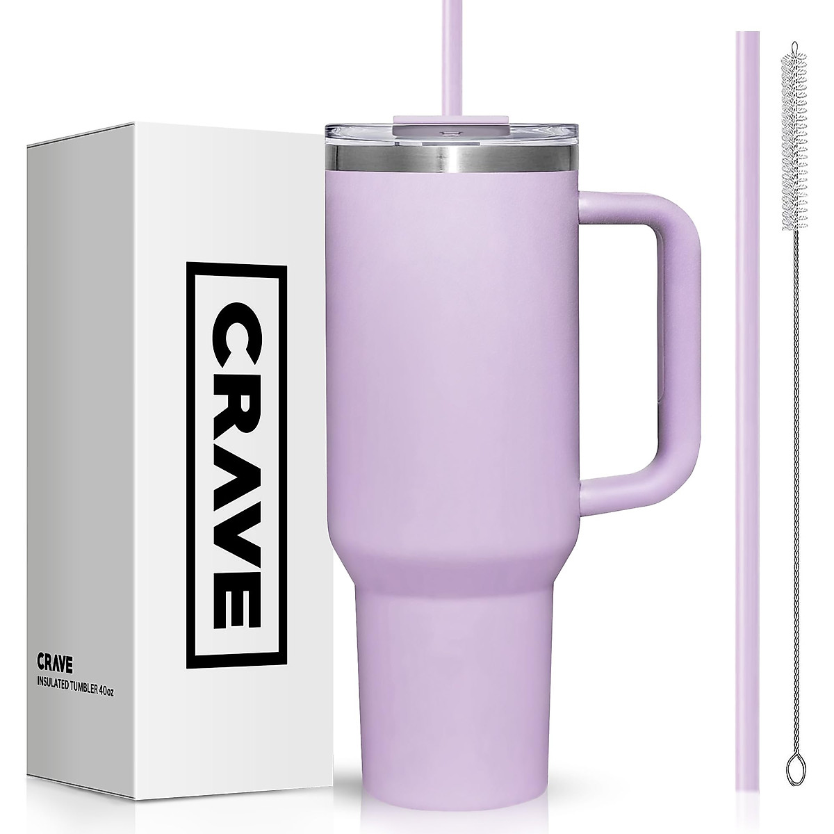 Crave Cups 40oz Tumbler with Lid and Straw l Reusable Spill Proof Double Wall Insulated Stainless Steel Water Bottle Travel Mug l Cupholder Friendly Vacuum Sealed Tumbler with Handle (Lavender)