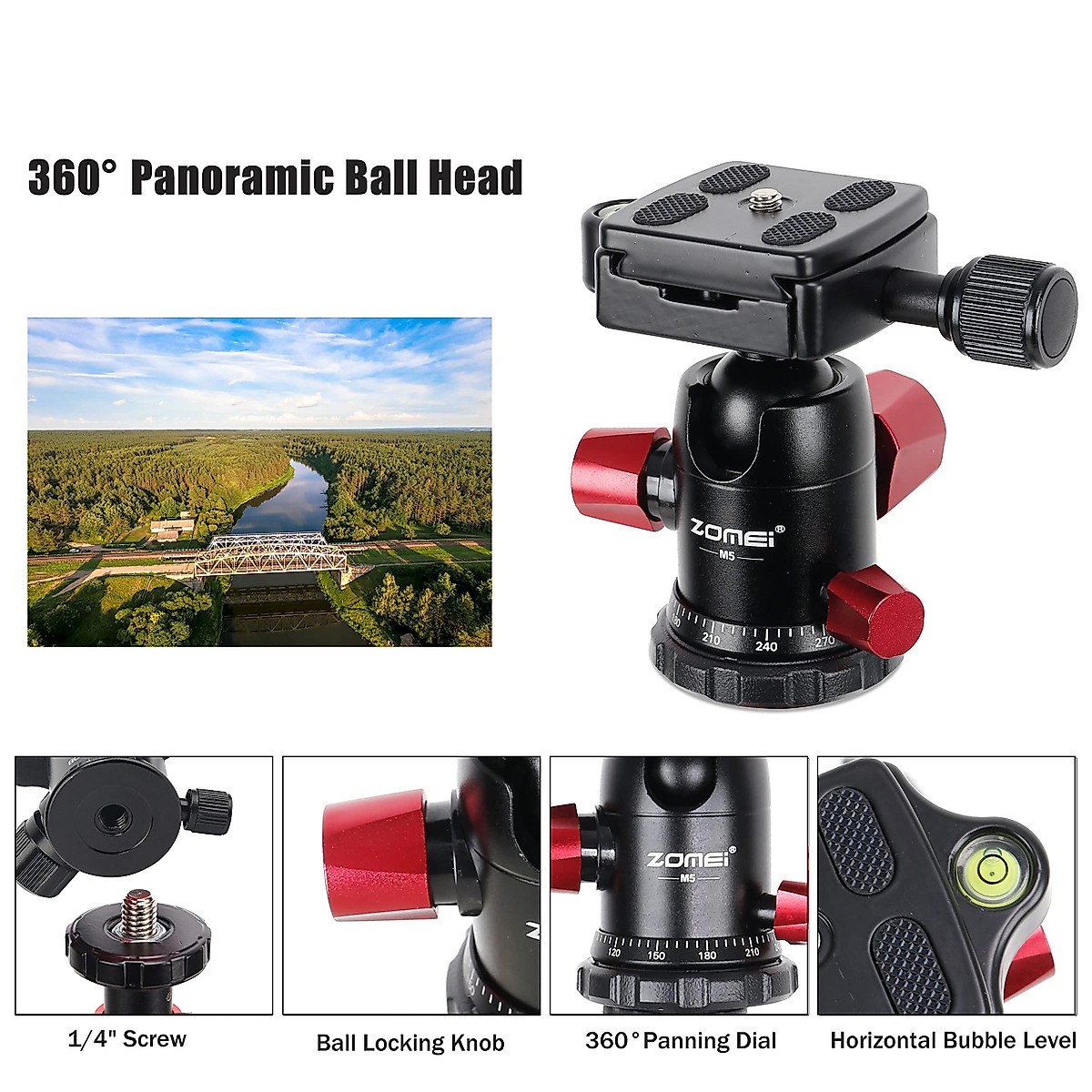 ZOMEI M5 Camera Tripod,Lightweight Travel Aluminum Tripod Monopod Compact Portable Photography Tripod Stand with 360 Degree Ball Head and Phone Clip for DSLR Cameras, Smartphone