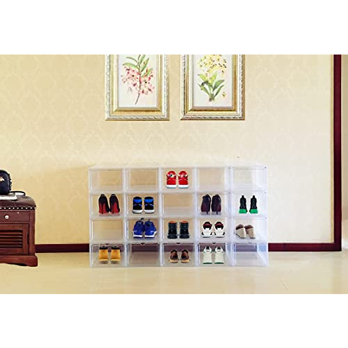 JECCICHY 6 Pack Shoe Organizer for Closet, Shoe Storage Container with Lids, Shoe Box Clear Plastic Stackable, Thick Hard Polypropylene, Drop Front Door, Within US Size 12, Large (Outside Size: 13.54”x 10.63”x 7.48”) (clear)