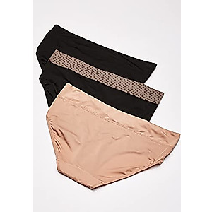 Warner's Women's Blissful Benefits No Muffin 3 Pack Hipster Panties, Black lace dot/Almond/Black, L