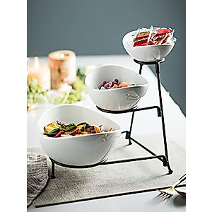 Miamolo Triple Ceramic Serving Bowl Set with Stand - White Serving Tiered Stand,Set of 3 Oval Bowl Set Perfect for Table Decoration Set Party Chip Rack Display Salad Bar Serving Set - Black Stand
