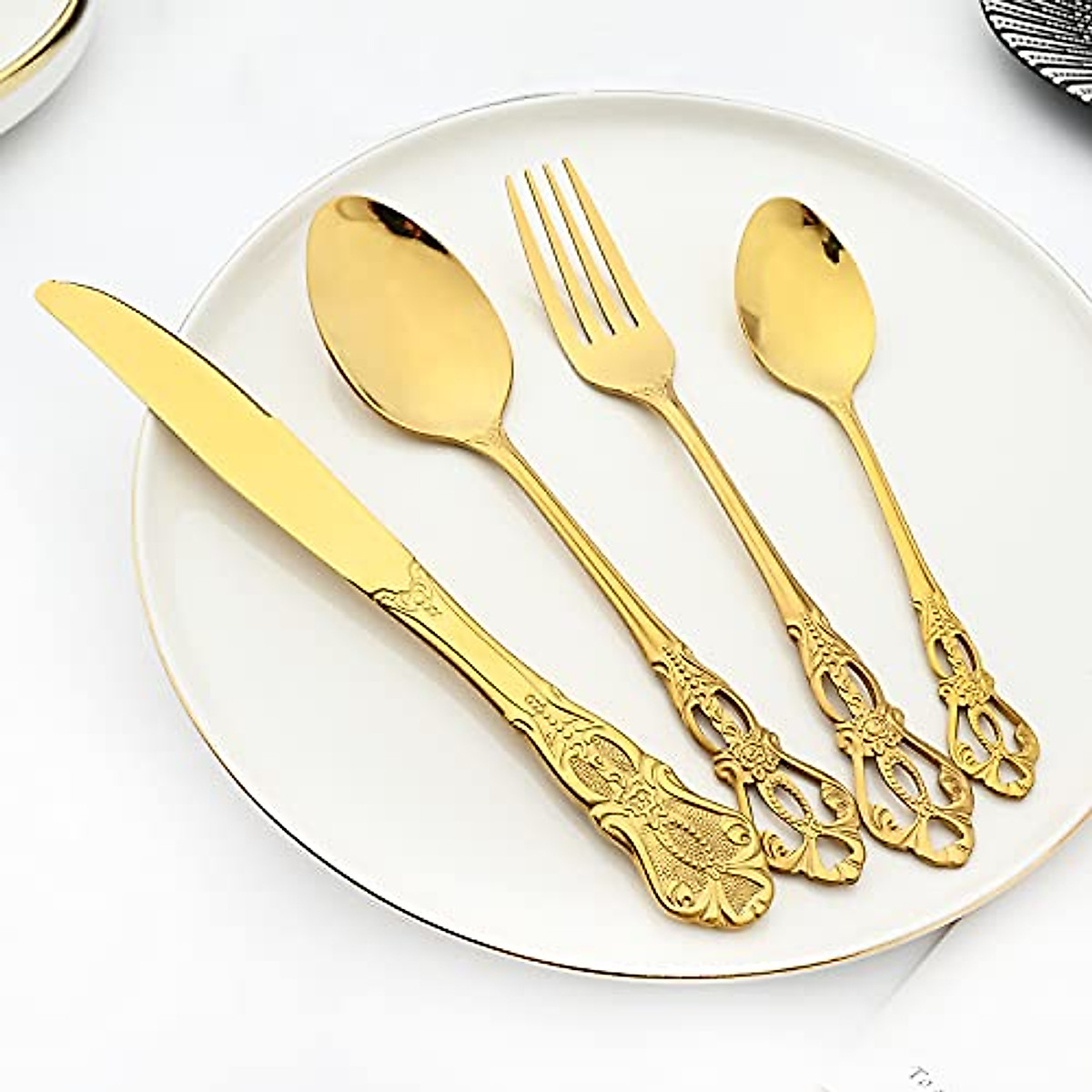 Snplowum Royal 24-piece Gold Mirror Silverware Dinnerware, 18/10 Stainless Steel Luxury Flatware Service For 6 Tableware Ideal For Wedding Home Restaurant, Dishwasher Safe
