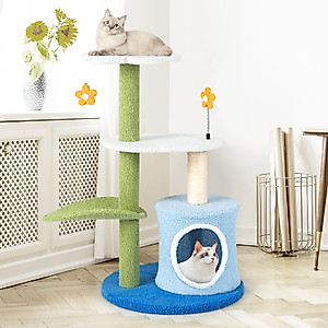 Tangkula Cute Cat Tree, Flower Cat Tower with Sisal Scratching Post, Plush Leaf-Shaped Perch, Roomy Condo, Fluffy Spring Ball & Jingling Ball, Small Cat Tree for Indoor Cats 20 lbs Heavy Duty