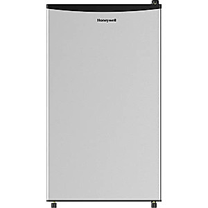 Honeywell Compact Refrigerator 3.3 Cu Ft Mini Fridge with Freezer, Single Door, Low noise, Removable Shelves, for Bedroom, Office, Dorm with Adjustable Temperature Settings, Stainless Steel