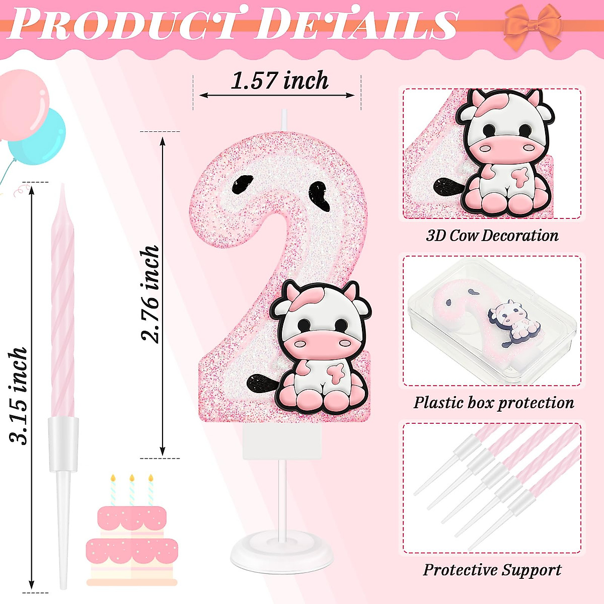 MTLEE Number 2 Pink Cow Glitter Birthday Candles Sparklers Pink Glitter Happy Birthday Number Candles Number Birthday Cake Topper with 10 Long Thin Cupcake Candle for Party Farm Birthday Decorations