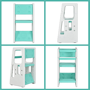 Costzon Kids Kitchen Step Stool with Double Safety Rails, Toddler Learning Stool with 3 Adjustable Heights and Non-Slip Foot Pads, Toddler Tower for Kitchen Countertop and Bathroom (Green)