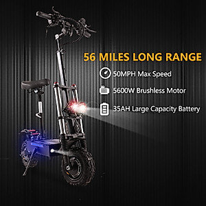 35AH 5600W Electric Scooter Adults 50 MPH Off Road Sport Scooter with Seat,60V Dual Drive 56 Miles Range 11" Off Road Tires,Heavy Duty 440 LBS Load Dual Braking System & Dual 2 Chargers