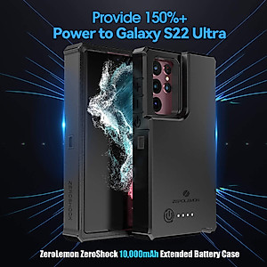 ZEROLEMON Battery Case for Galaxy S22 Ultra, 10000mAh Super Fast Charging Passing Through, Wireless Charging Supported, ZeroShock Extended Battery Charger Cover for S22 Ultra 2022 - Black