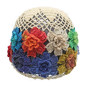 ZLYC Women Cotton Crochet Skull Cap Handmade Knit Cutout Floral Beanie Hat (Flowers Beige)