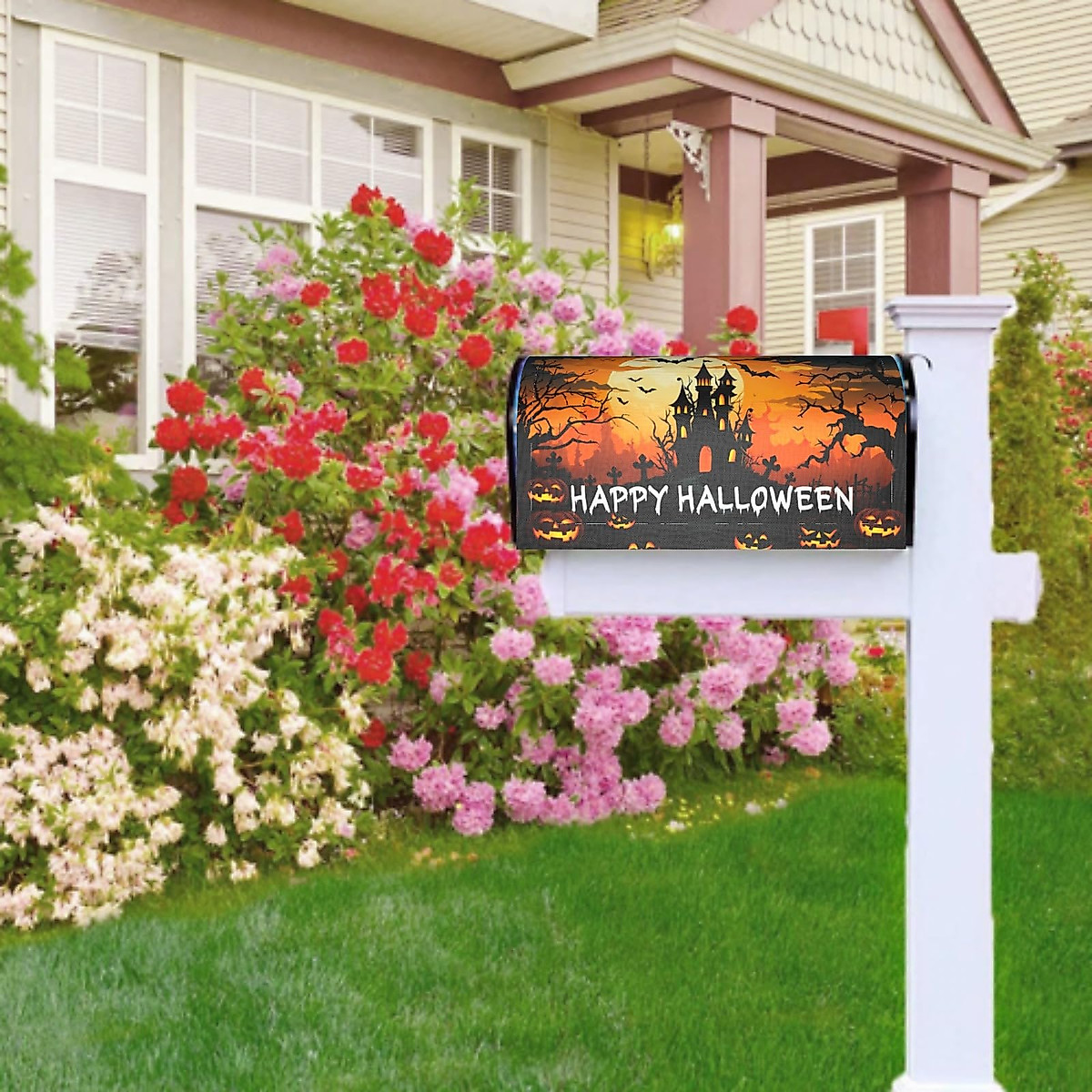 Brunt Halloween Starry Night Haunted House Pumpkin Magnetic Mailbox Covers - Large Orange Post Letter Box Covers - Garden Yard Home Decor for Outside - 21" x18"