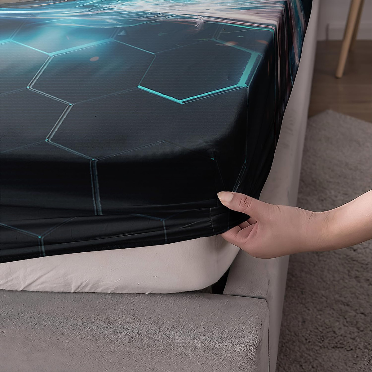 AILONEN Boys Soccer Printed Fitted Sheet Set Queen Size,Football Player Blue Bed Sheet Set,Sports Fitted Sheet with 2 Pillowcases,3 Piece Speed Soccer Bedding Set for Kids Teens Men