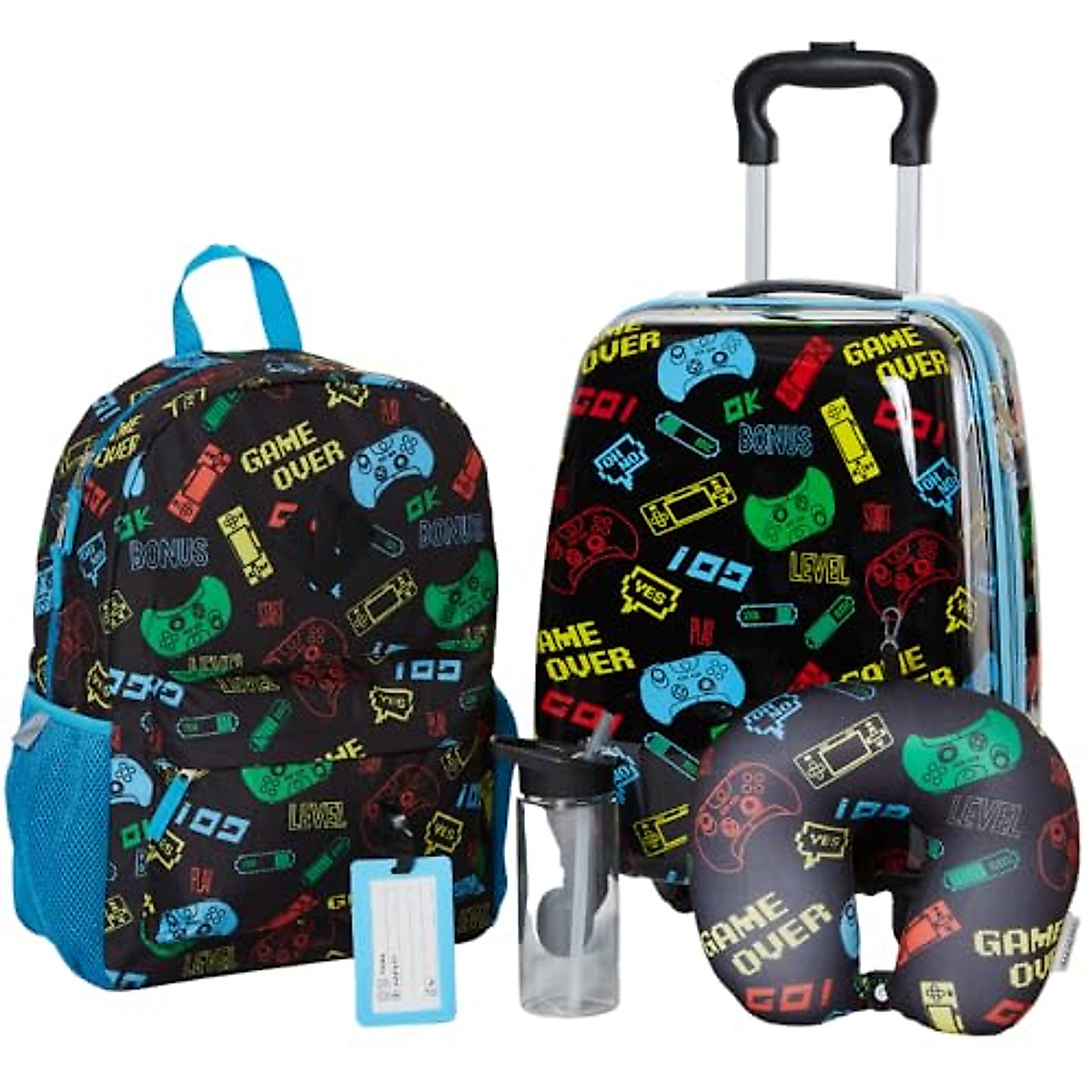 RALME 5 pc Boys’ Gaming Rolling Suitcase Set with Backpack, Neck Pillow, Water Bottle, and Luggage