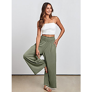 ANRABESS Women Palazzo Pants Summer Boho Bagyy Wide Leg High Smocked Waist Casual Loose Lounge Pant with Pocket Olive X-Large