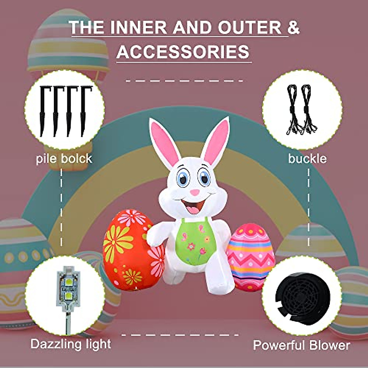 Easter Inflatable Bunny Outdoor Decorations 6FT Blow Up Rabbit with Eggs Decor Build-in LEDs for Yard Garden Lawn Indoors Outdoors Home Holiday Parties