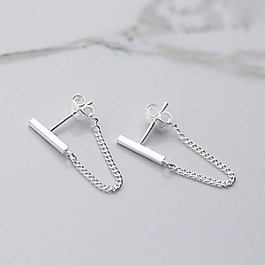 Minimalist Bar Earrings with Chain Dangle Earrings 925 Sterling Silver Stud Earrings