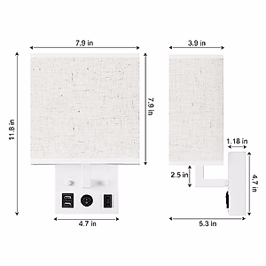 Bedside Wall Lamps Set of 2 Plug in Wall Sconces Wall Lighting with Dual USB Charging Ports and AC Outlet Modern Wall Lamp with Plug in Cord Wall Lights for Bedroom Living Room (2 Bulbs Included)