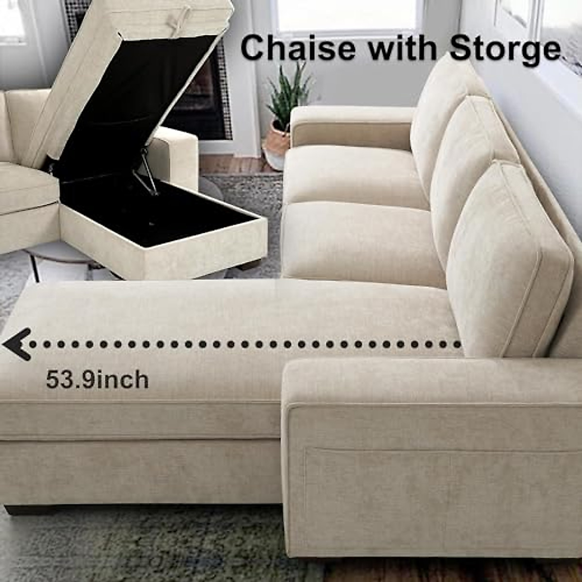 Harkawon 98.6“ Sectional Sofa Couches, Convertible L Shaped Couch for Living Room, Chaise with Storage, Chenille Removable Cover, Couches for Apartment,Dorm, Office