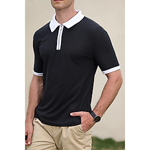 Rela Bota Men's Short Sleeve Polo Shirts Fashion Zipper Polos Casual Slim Fit T-Shirt Black with White 2XL