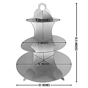 3-Tier Round Cardboard Cupcake Stand (12" W x 13.5" H) Birthday Wedding Special Event Decoration Reusable (1PC) (Silver)