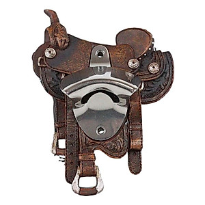 Ebros Gift Western Cowboy Farm Country Rustic Horse Saddle in Faux Tooled Leather Finish Wall Mounted Soda Beer Glass Bottle Cap Stainless Steel Metal Opener Sculpture Man Cave Accent