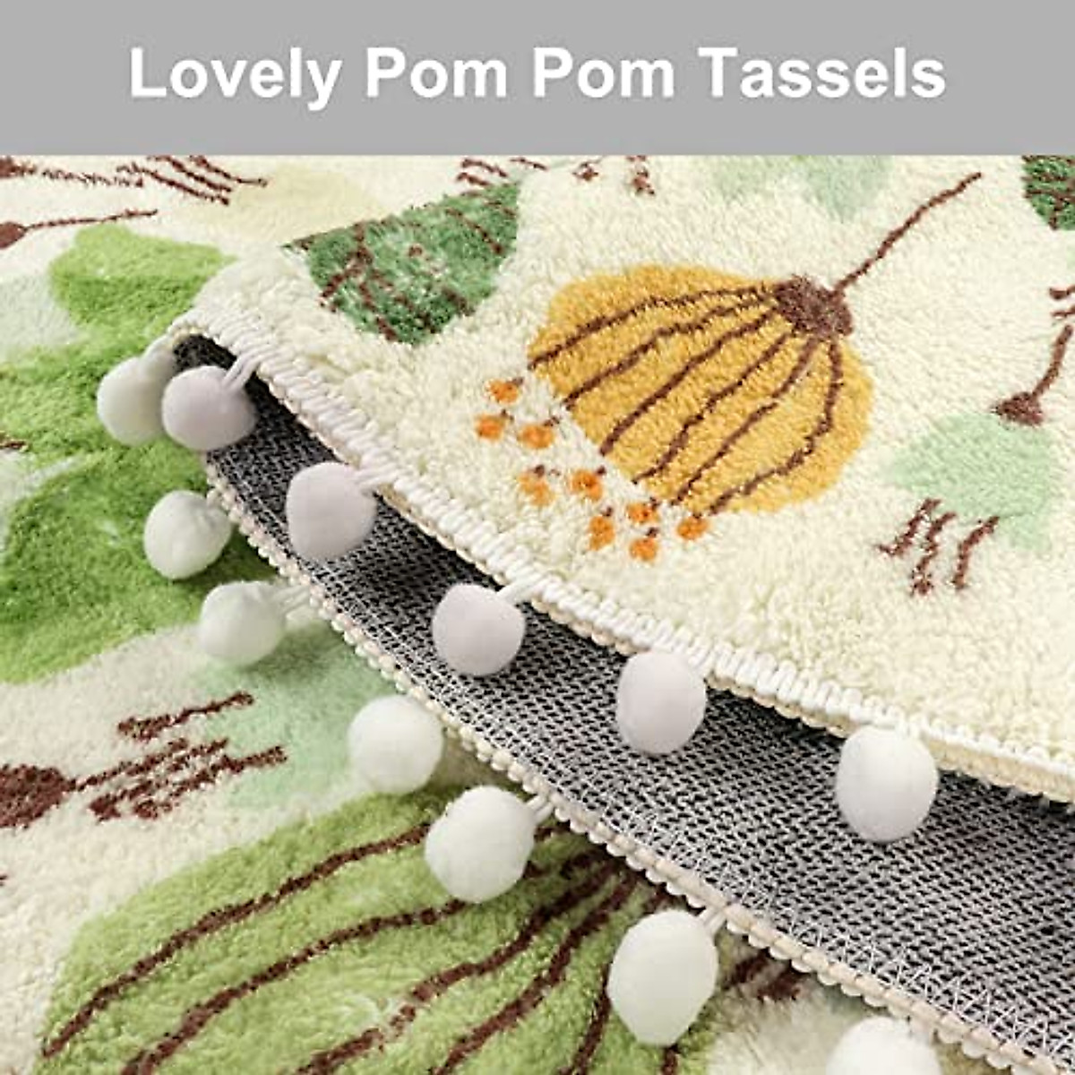 Uphome Round Throw Rugs for Bedroom 4' Circle Cute Area Rug with Pom Poms Fringe Floral Plant Washable Non-Slip Soft Floor Mats for Entryway Laundry Living/ Kids Room Nursery, Green