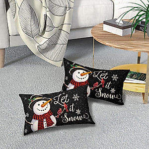 Let it Snow Christmas Black Lumbar Pillow Covers 12X20 Inch Xmas Snowman Snowflake Decorative Rectangle Pillow Cases Set of 2 Winter Holiday Home Decor Cotton Linen Throw Pillows For Couch Outdoor