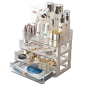 KchThass Acrylic Makeup Organizer with 3 Drawers,Cosmetic Display Cases for Vanity,Skincare Organizers Countertop,Desk Storage Holder for Perfume,Lotion,Lipstick,Brushe,Nail Polish(4-Layer,Clear)
