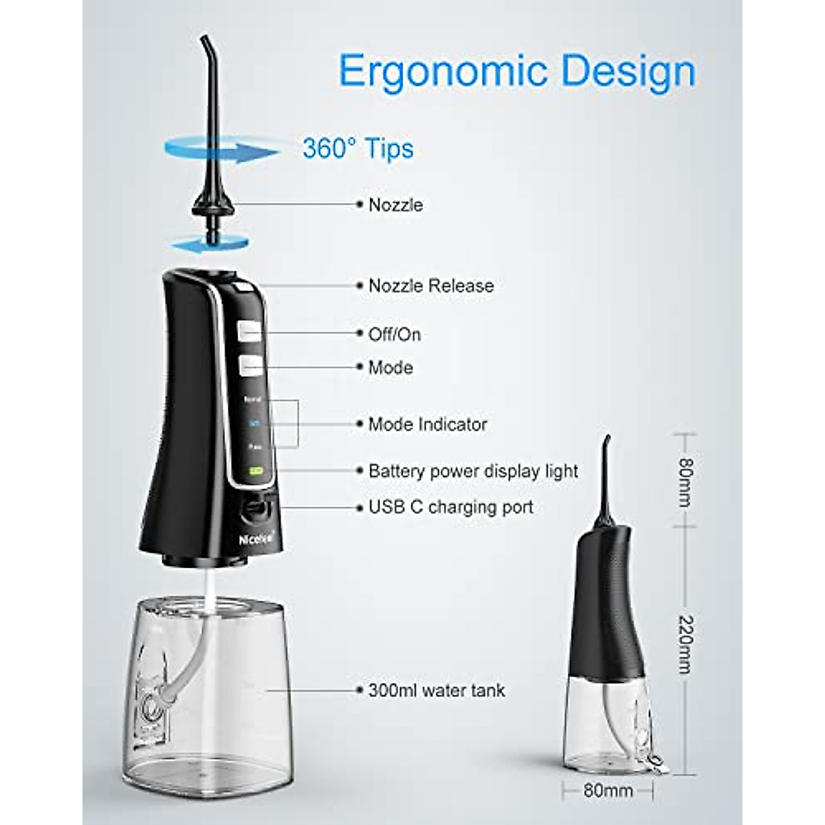Nicefeel Cordless and Rechargeable Water Flosser - 300ML Water Tank Oral Irrigator, 4 Jet Tips, 3 Pressure Modes - IPX7 Waterproof and Travel Friendly for Dental Care