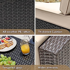 Devoko Patio Furniture Sets 6 Pieces Outdoor Sectional Rattan Sofa Manual Weaving Wicker Patio Conversation Set with Glass Table and Cushion (Beige)