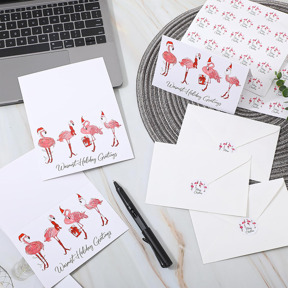 Poen 50 Sets Christmas Flamingo Thank You Cards with Envelopes and Stickers Merry Christmas Greeting Cards 4 x 6 Inches Funny Christmas Cards for Friend Family Coworkers Clients Holiday Wishes