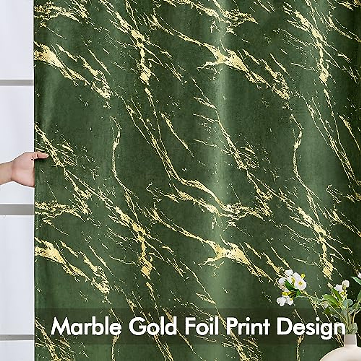 MIULEE Olive Green Velvet Curtains Grommet Thermal Insulated Room Darkening Drape for Classical Living Room Bedroom Decor Bundle Glitter Metallic Marble Pattern Gold Foil Print Curtains 96 Inches Long