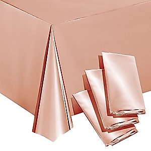 Sparkle and Bash 3 Pack Rose Gold Plastic Tablecloth, Metallic Table Cover Disposable for Pink Birthday Parties, Gender Reveal, Bridal Shower Decorations (54 x 108 in)