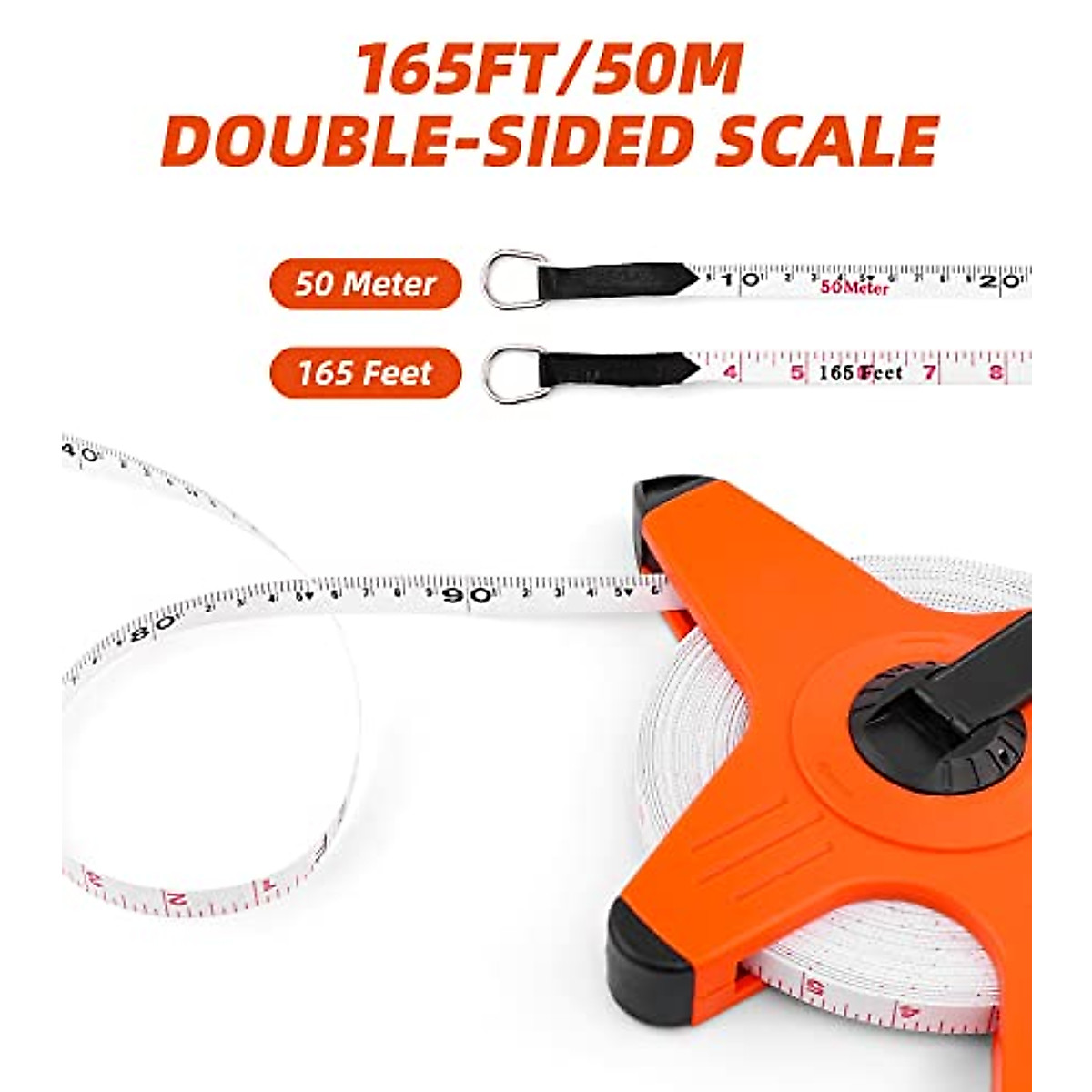 DIFFLIFE Open Reel Measure Tape Measuring Reel,165-Feet-50M by 1/2 Inch, 3X Speed Double-Coated Fiberglass Tape Measure with Metal Spike, Athletic Field, Long Jump Measuring Tape Reels (165FT)