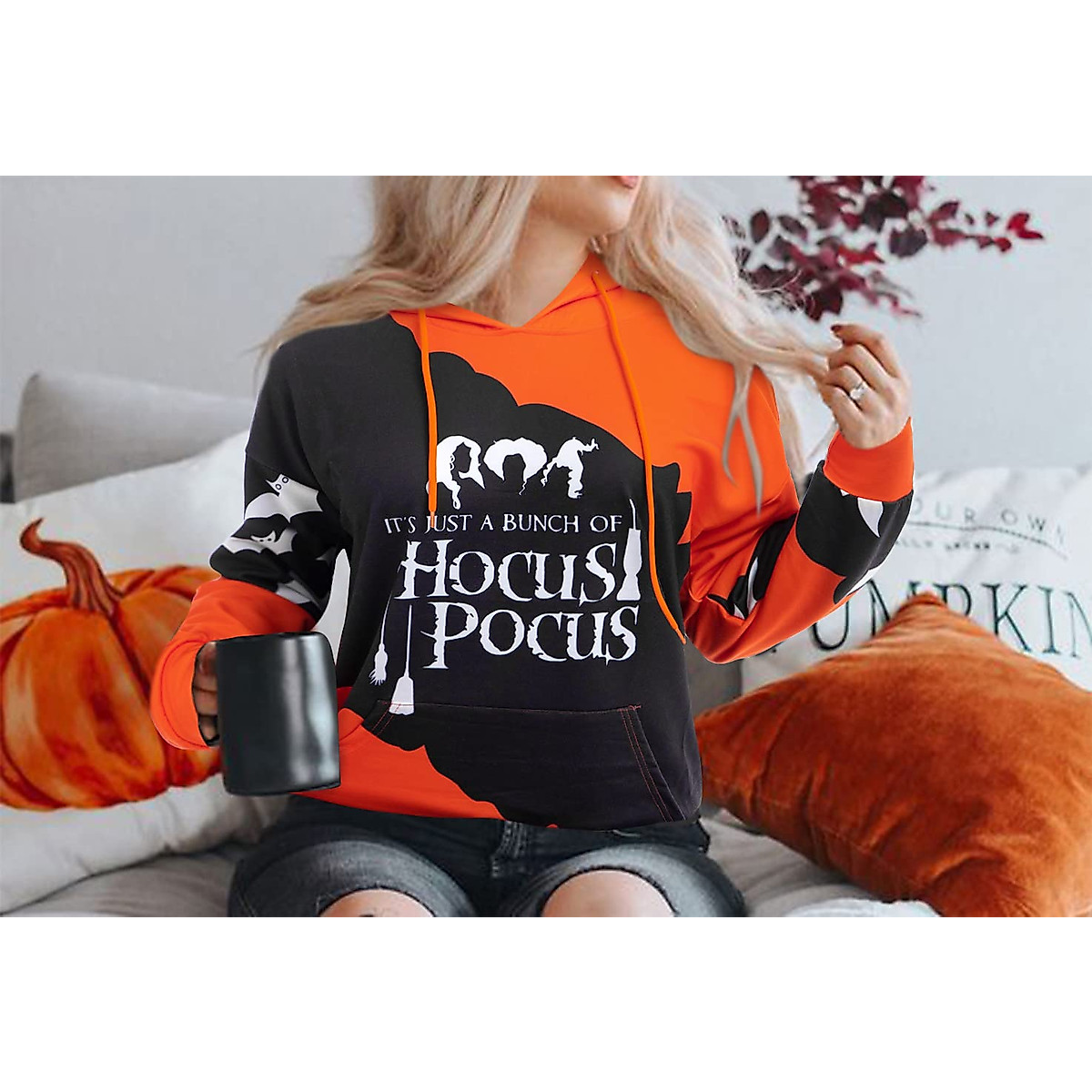 KIDDAD It's Just A Bunch of Hocus Pocus T-Shirt Women Halloween Sanderson Sisters Long Sleeve Crewneck Casual Pullover Tops Black Orange