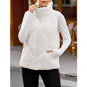 MEROKEETY Womens Puffer Vest Sleeveless Zip Up Quilted Coat Lightweight Stand Collar Gilet Jacket With Pockets White Large