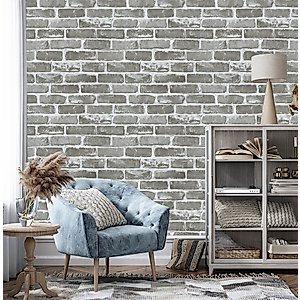 Timeet Grey Brick Wallpaper Peel and Stick Brick Wallpaper 17.7"×118.11" Self Adhesive Removable Wallpaper Faux Brick Wallpaper for Bedroom Living Room Wall Decor Vinyl Film Roll